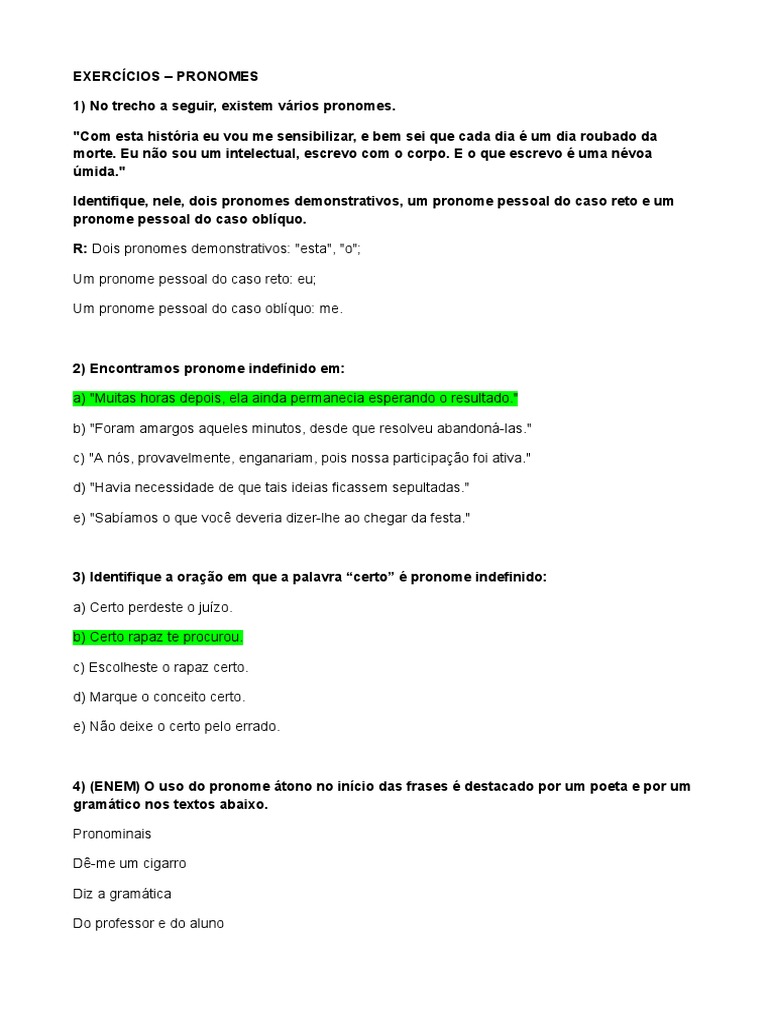 Exercícios Pronomes | PDF | Pronome | Gramática