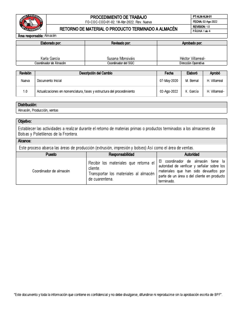 (PT-ALM-ALM-01) Procedimiento Retorno de Materiales o de Producto ...