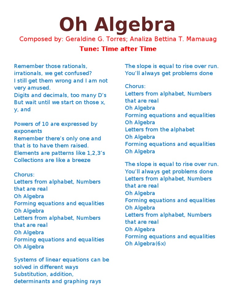 Fun Algebra Song for Learning | PDF