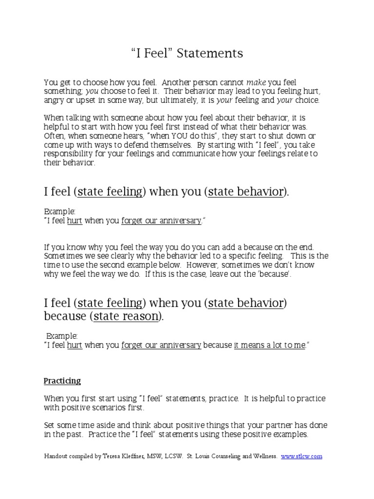 "I Feel" Statements: I Feel (State Feeling) When You (State Behavior) | PDF