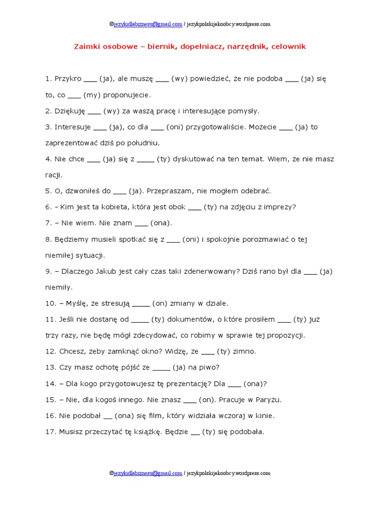 Zaimki Osobowe - Narzednik Biernik Dopelniacz Celo-1 | PDF