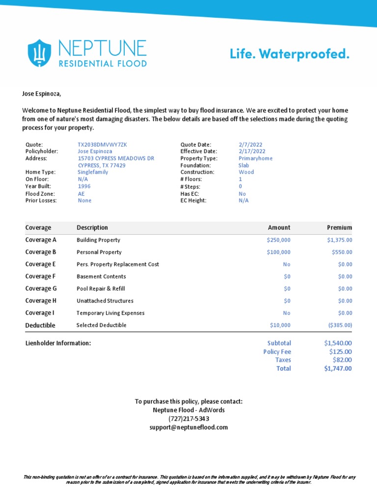 Neptune Flood Insurance Quote | PDF | Insurance | Flood Insurance