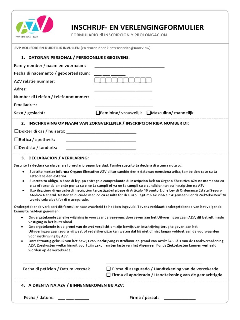 Inschrijf en verlengformulier (AZV Digital) | PDF