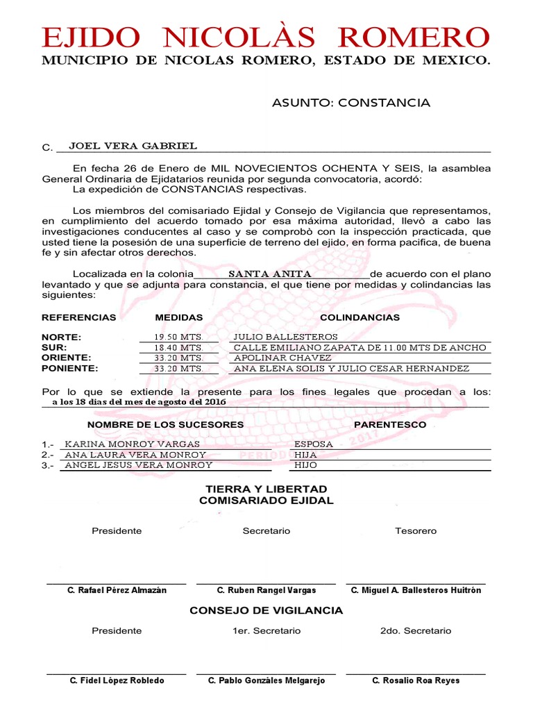 Constancia de posesión de tierra ejidal expedida a favor de Joel Vera ...