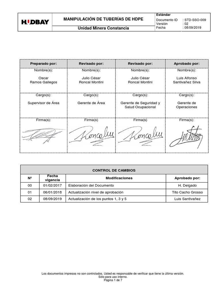 STD-SSO-009_Manipulación Tuberías HDPE V02 | PDF | Tubería (transporte de fluidos) | Extrusión