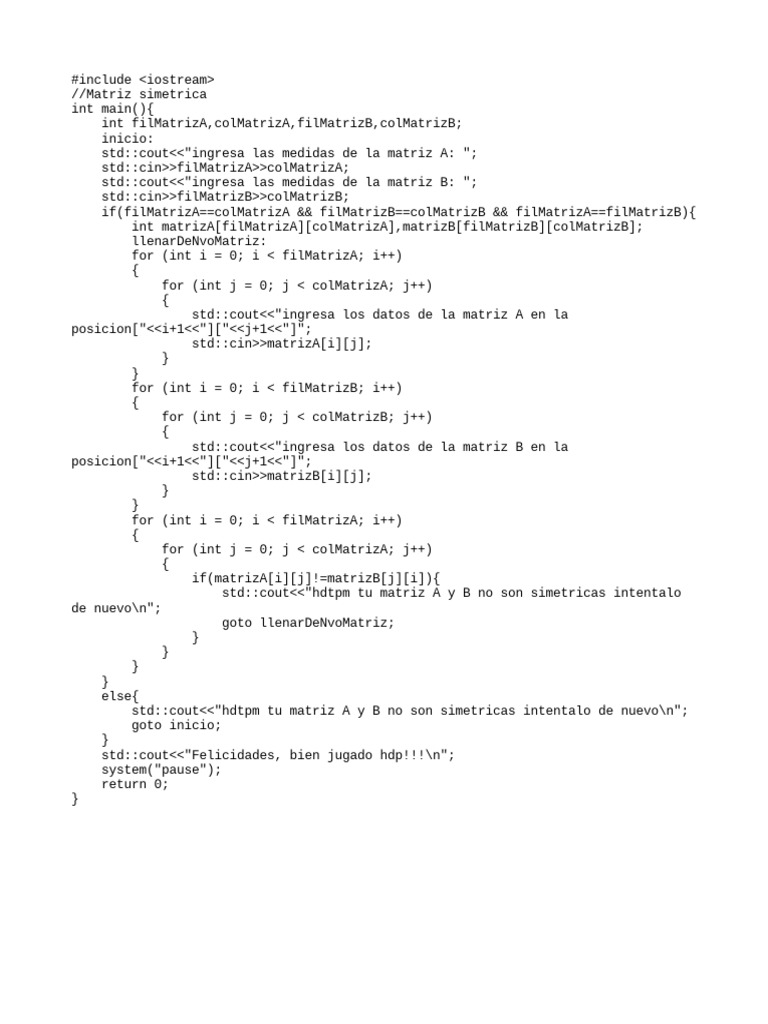 Matriz Simetrica en C++ | PDF