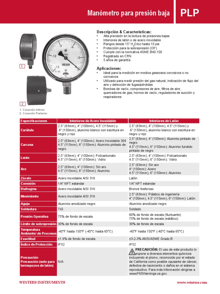 Manómetro de Baja Presión Winters | PDF | Materiales | Química