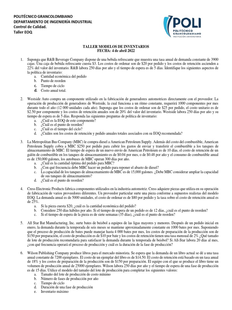 Taller Modelos de Inventarios | PDF | Inventario | Procesos de negocio