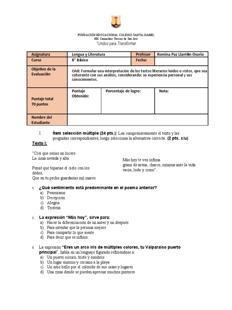 Evaluacion Poesia Fila A | PDF