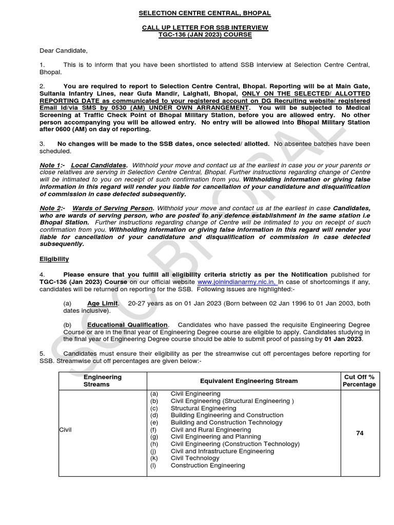 SSB Interview Call Letter: TGC-136 | PDF | Engineering | Computing