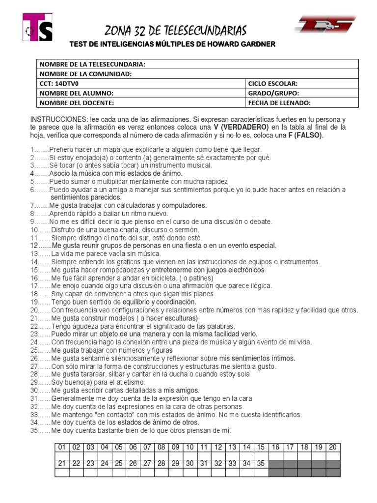 Test de Inteligencias Múltiples Gardner | PDF | Ciencia cognitiva ...