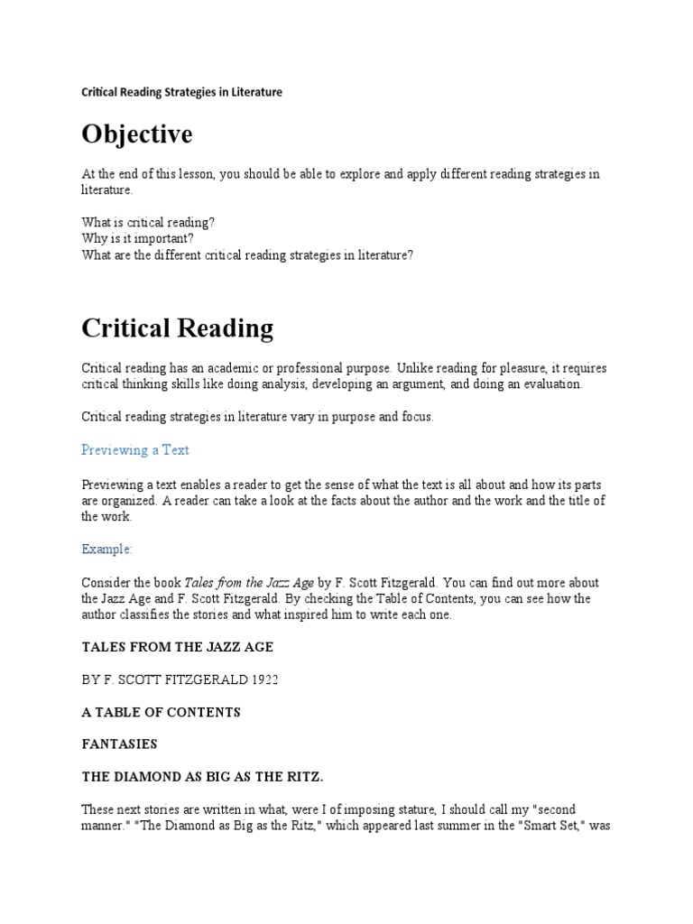 Objective: Critical Reading Strategies in Literature | PDF | Argument ...