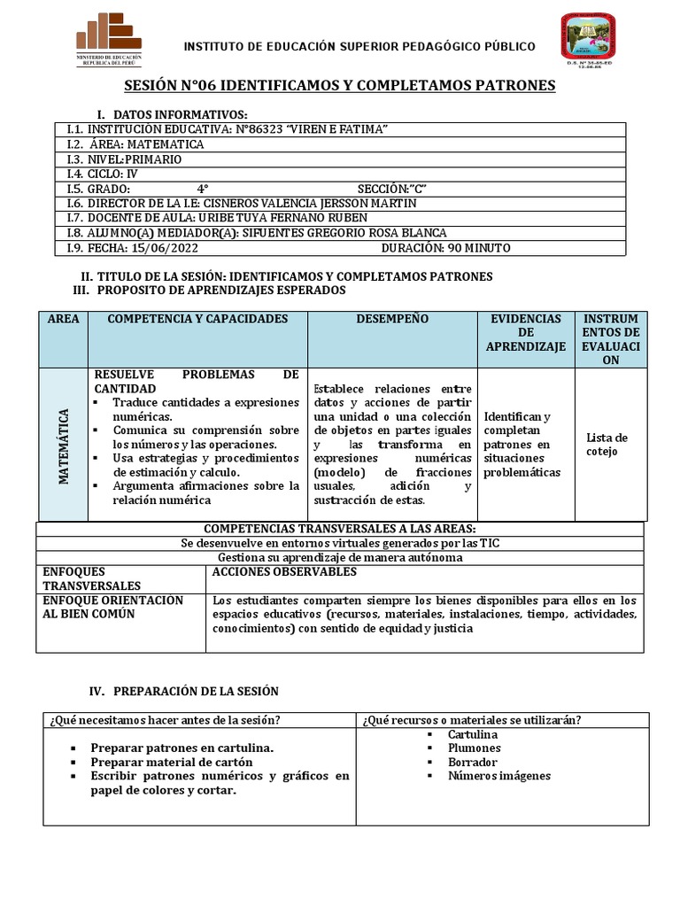 Sesión N°06 Identificamos y Completamos Patrones | PDF | Aprendizaje