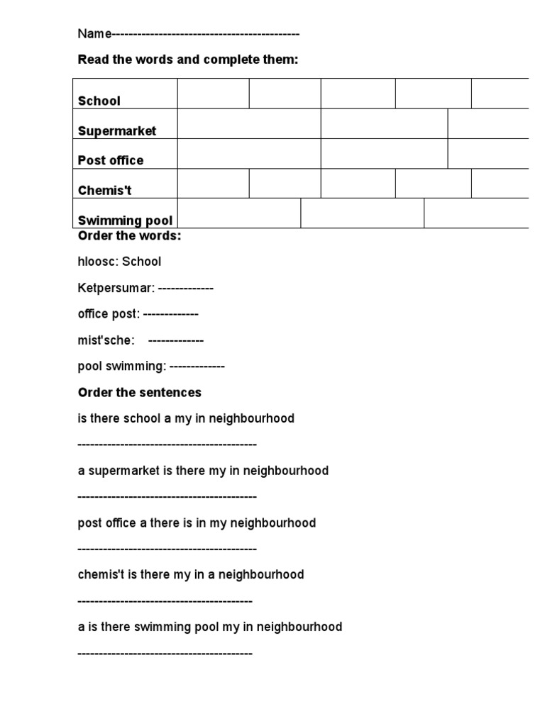 Read The Words and Complete Them: School Supermarket Post Office Chemis ...