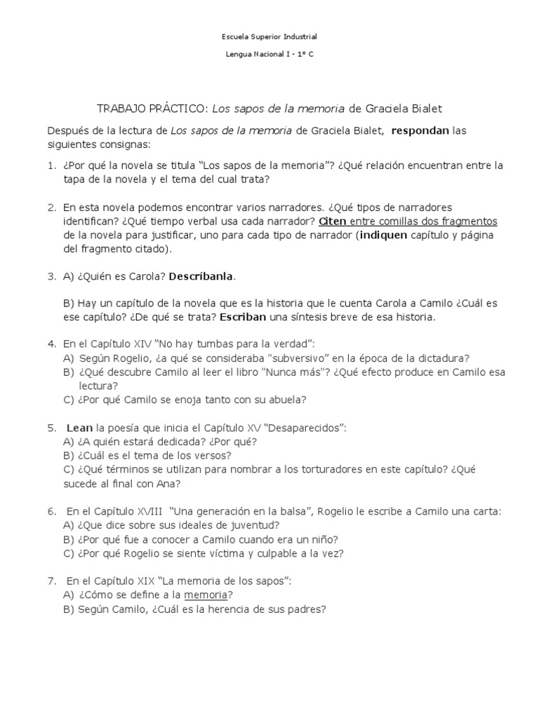 Análisis de "Los sapos de la memoria" | PDF | Novelas