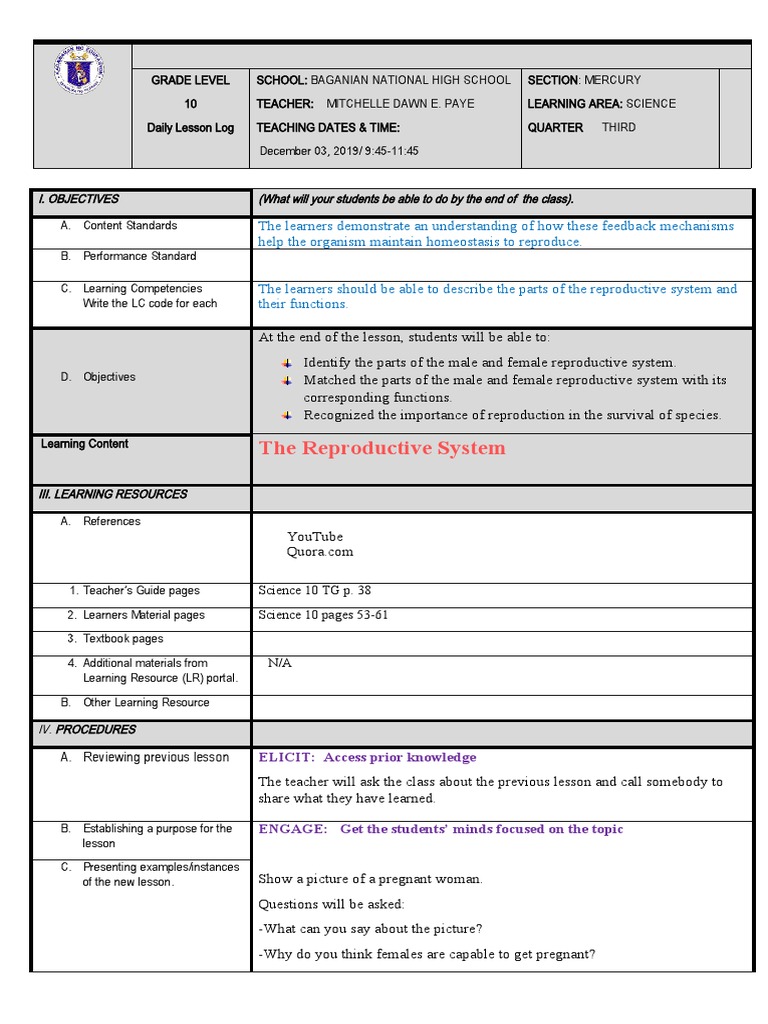 The Reproductive System: I. Objectives (What Will Your Students Be Able To Do by The End of The ...