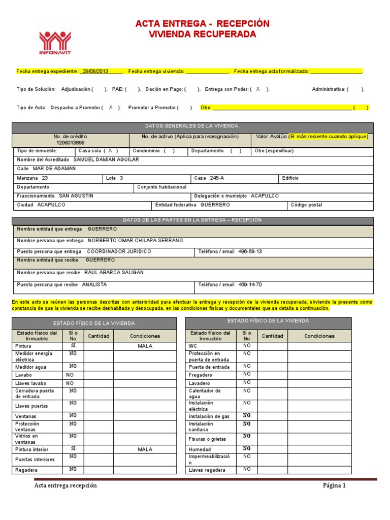 Acta Entrega Infonavit | PDF | Ley de Tierras | Propiedad