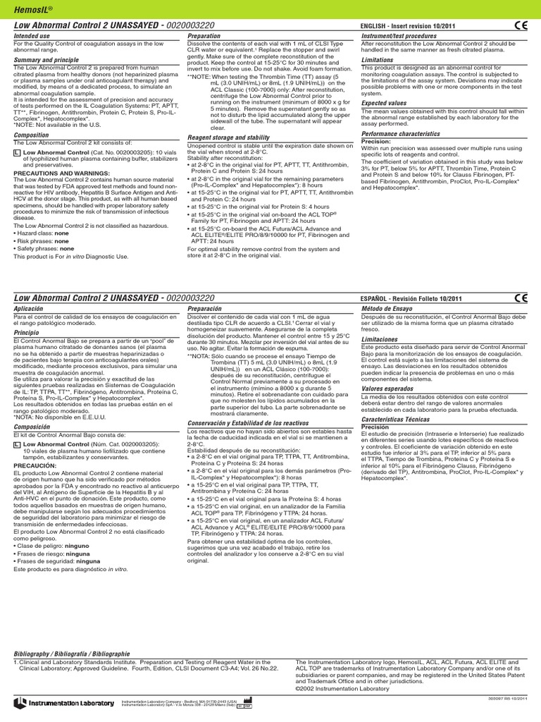 Hemosil Low Abnormal Control 2 Unassayed | PDF | Coagulation | Blood