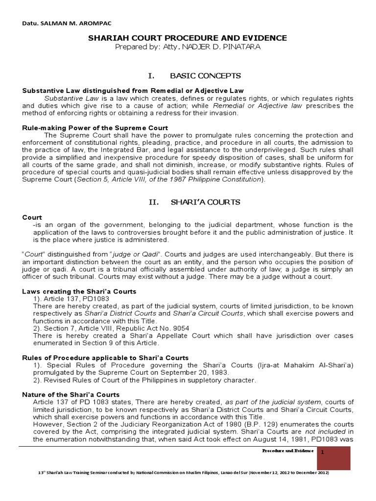 Shariah Court Procedure and Evidence: Prepared By: Atty Nadjer D ...