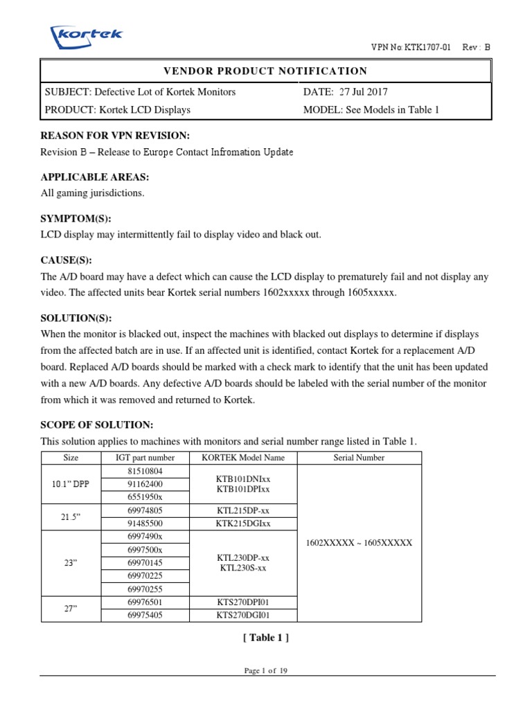 Defective LCD Displays: Procedures for Replacing A/D Boards in Kortek ...