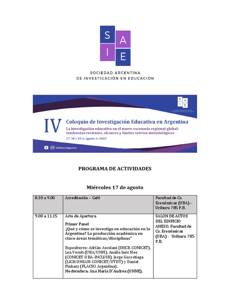 IV COLOQUIO SAIE - Programa de Actividades Final | PDF | Organizaciones de ciencias sociales ...