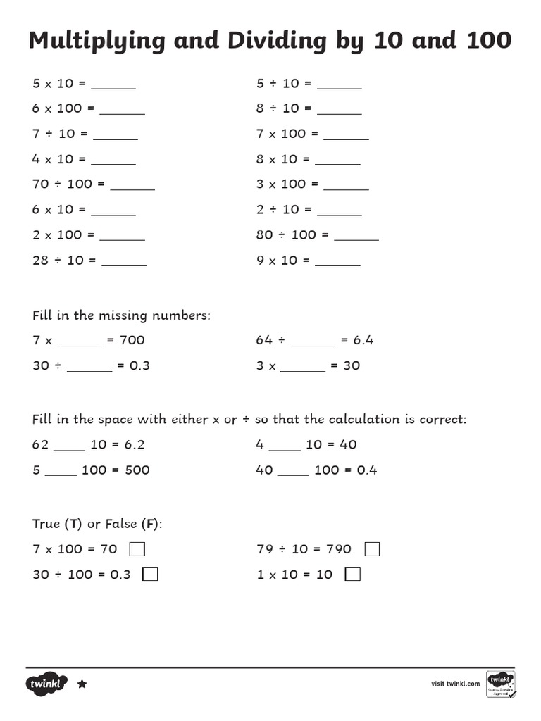 t2 M 4726 Multiplying and Dividing by 10 and 100 Activity Sheet Y4 Aim ...
