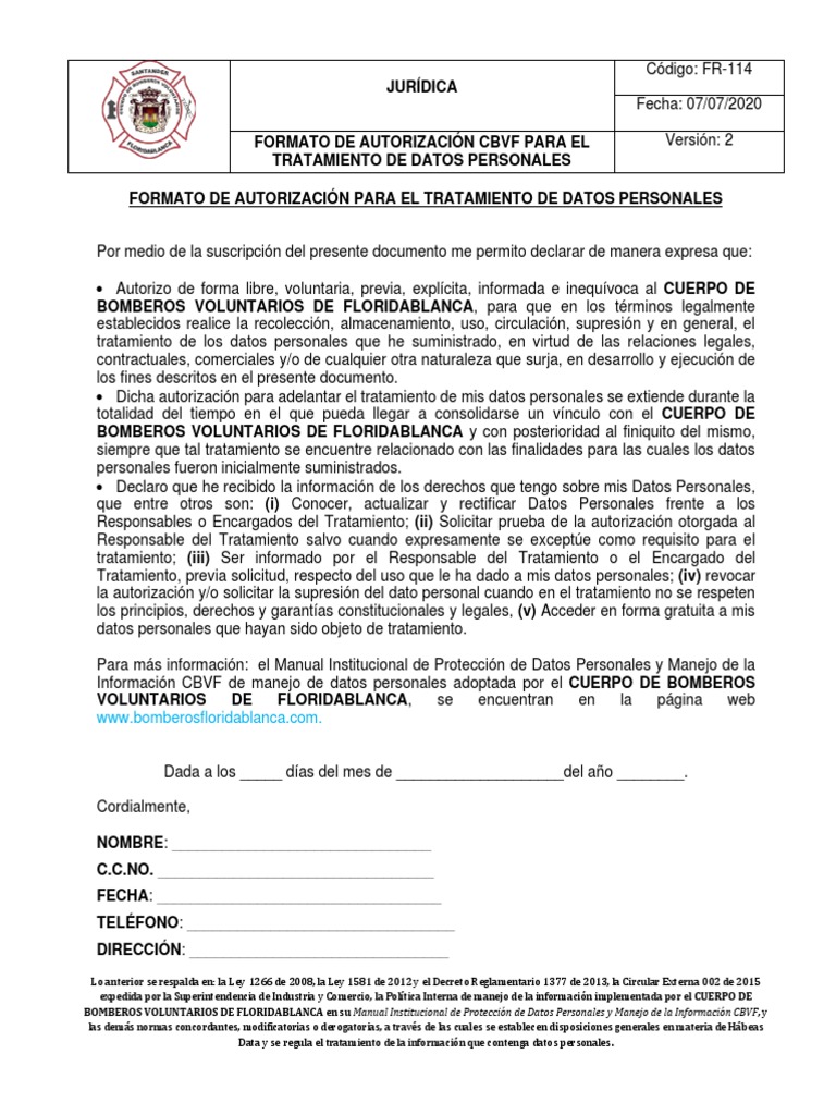 Vacio FR-114 Formato de Autorización CBVF para El Tratamiento de Datos ...