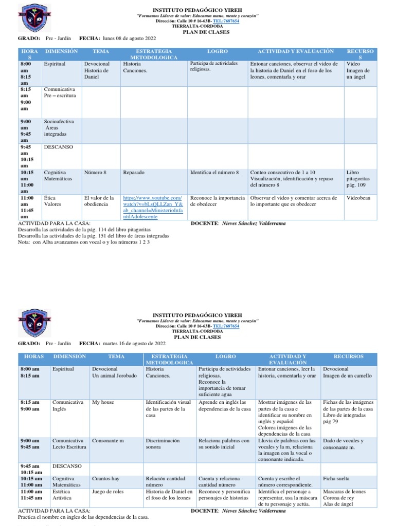 PLAN DE CLASES Semanal 16 Al 19 de Agosto | PDF