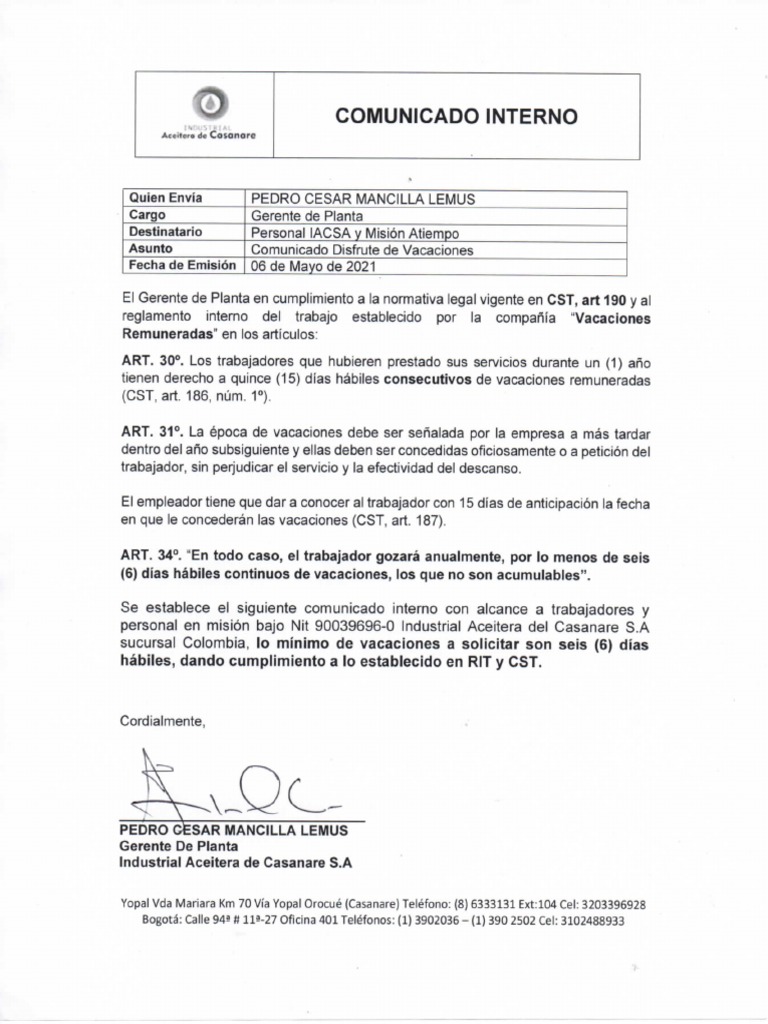 Comunicado Interno Solicitud de Vacaciones | PDF
