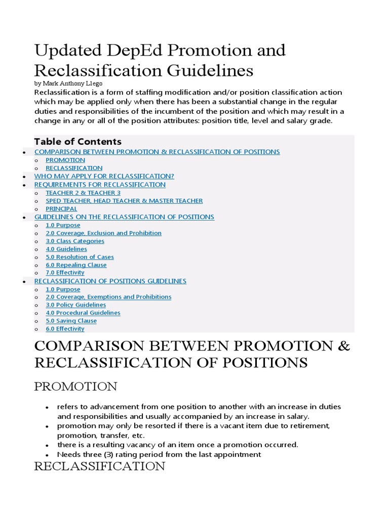 Updated Deped Promotion And Reclassification Guidelines Pdf