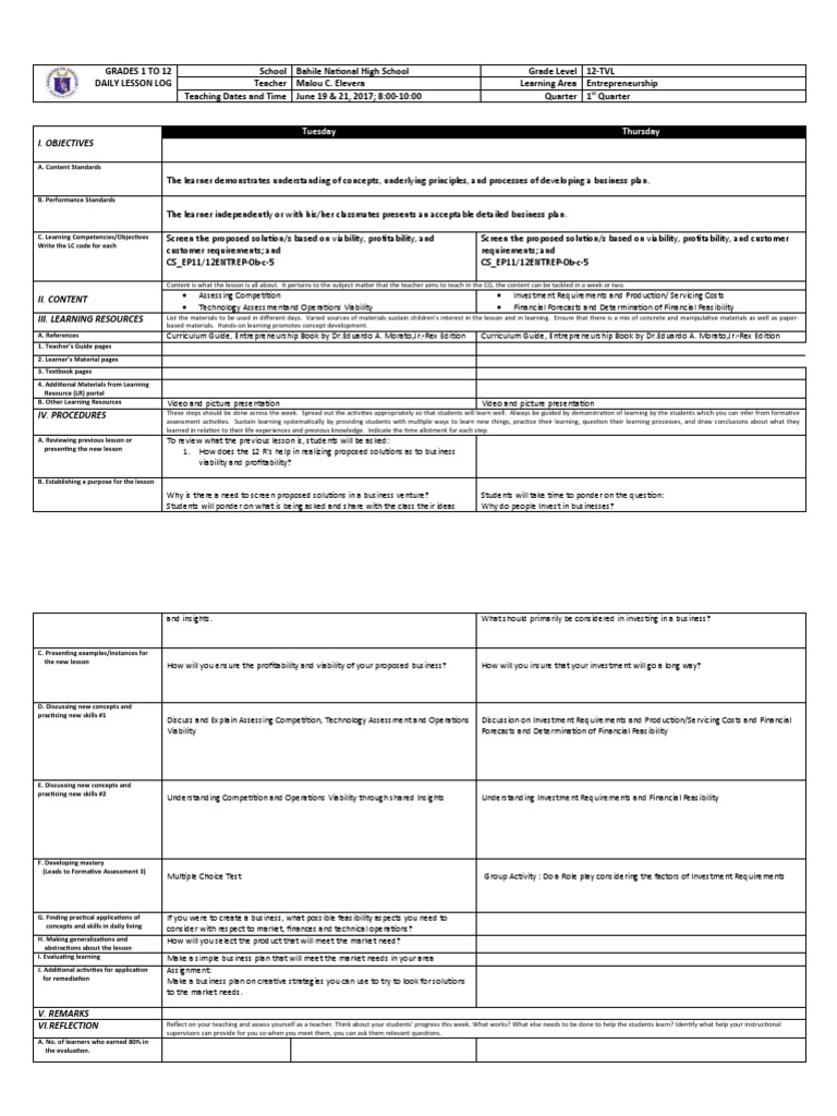 Dll-Entrep 3rd WK June | PDF | Learning | Teaching Method