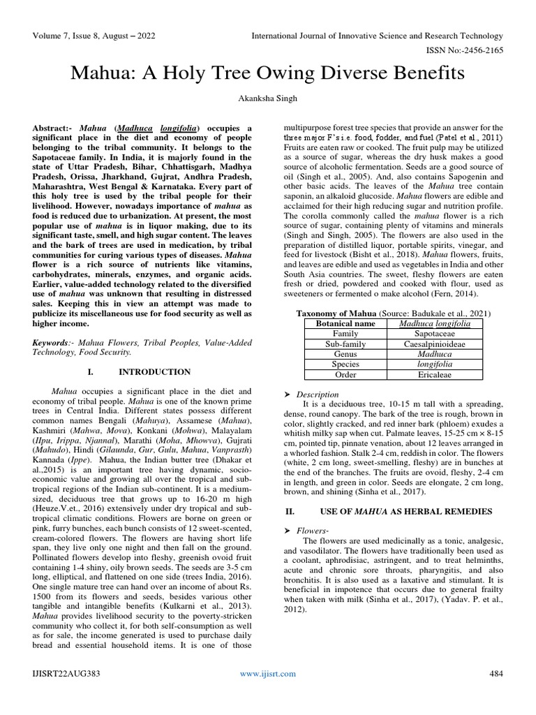 Mahua a Holy Tree Owing Diverse Benefits | PDF