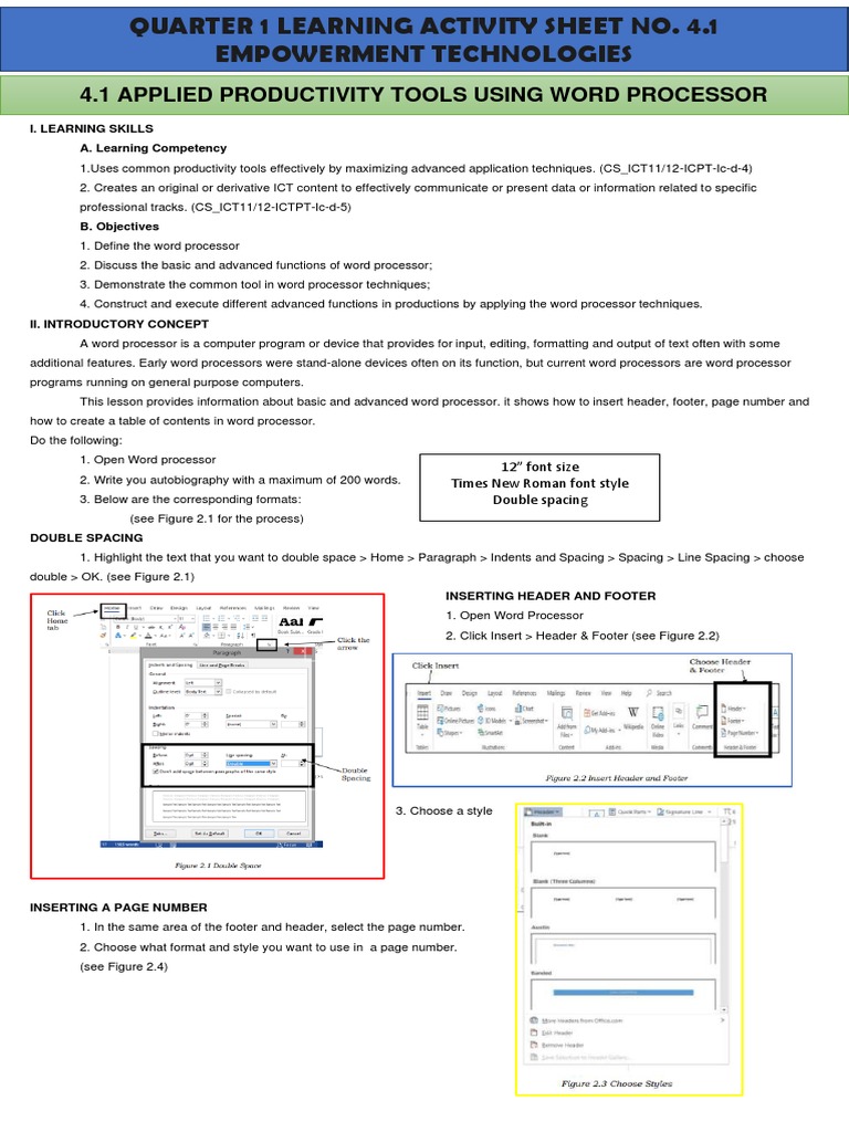 4.1 Applied Productivity Tools Using Word Processor: I. Learning Skills A. Learning Competency ...