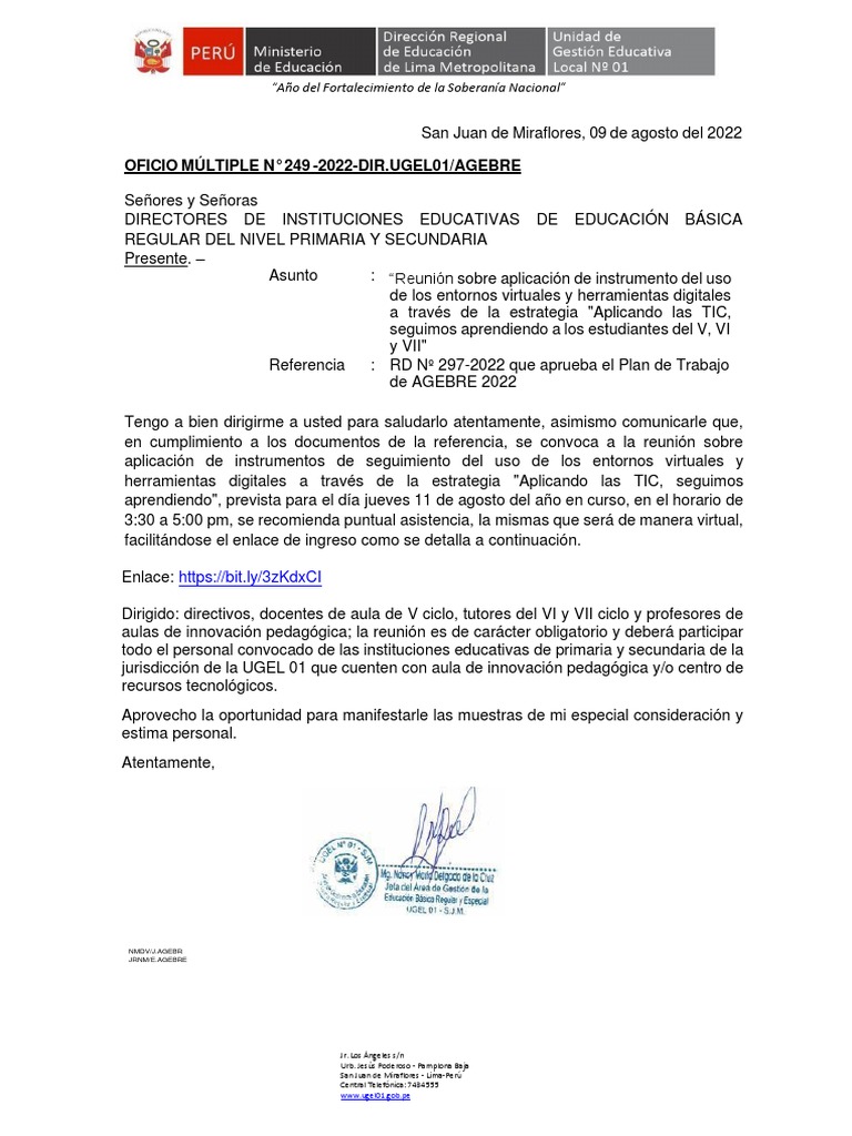 Oficio Múltiple N°249-Agebre-2022 - Tic - Ugel01 - Ok | PDF | Negocios | Informática