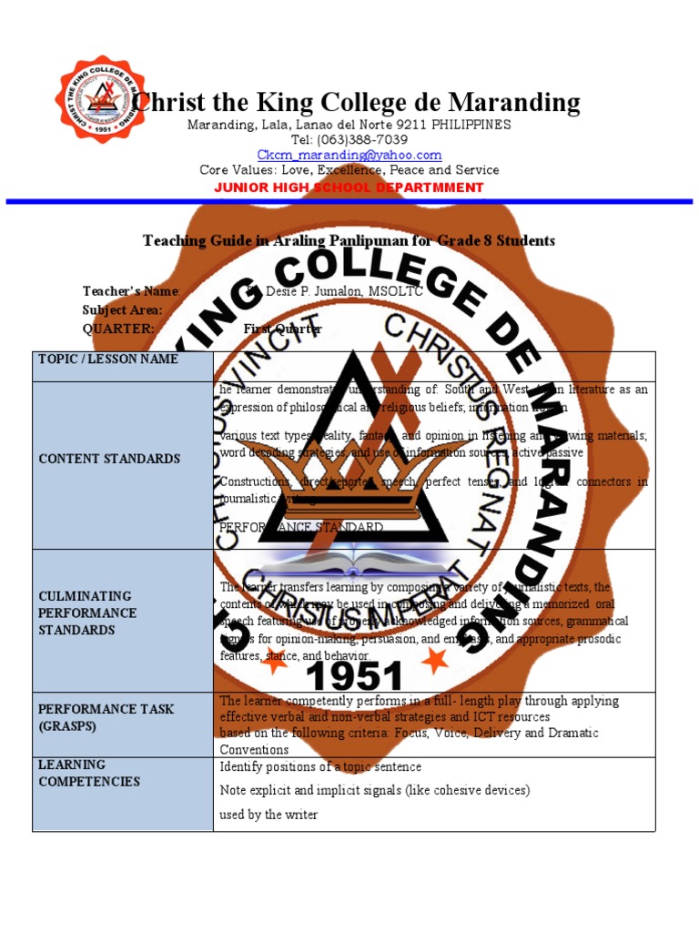 Christ The King College de Maranding: Teaching Guide in Araling ...