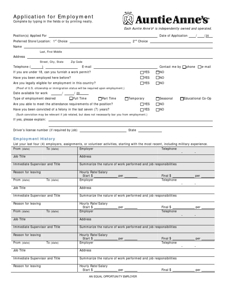 Auntie Anne S Job Application | Employment | Email