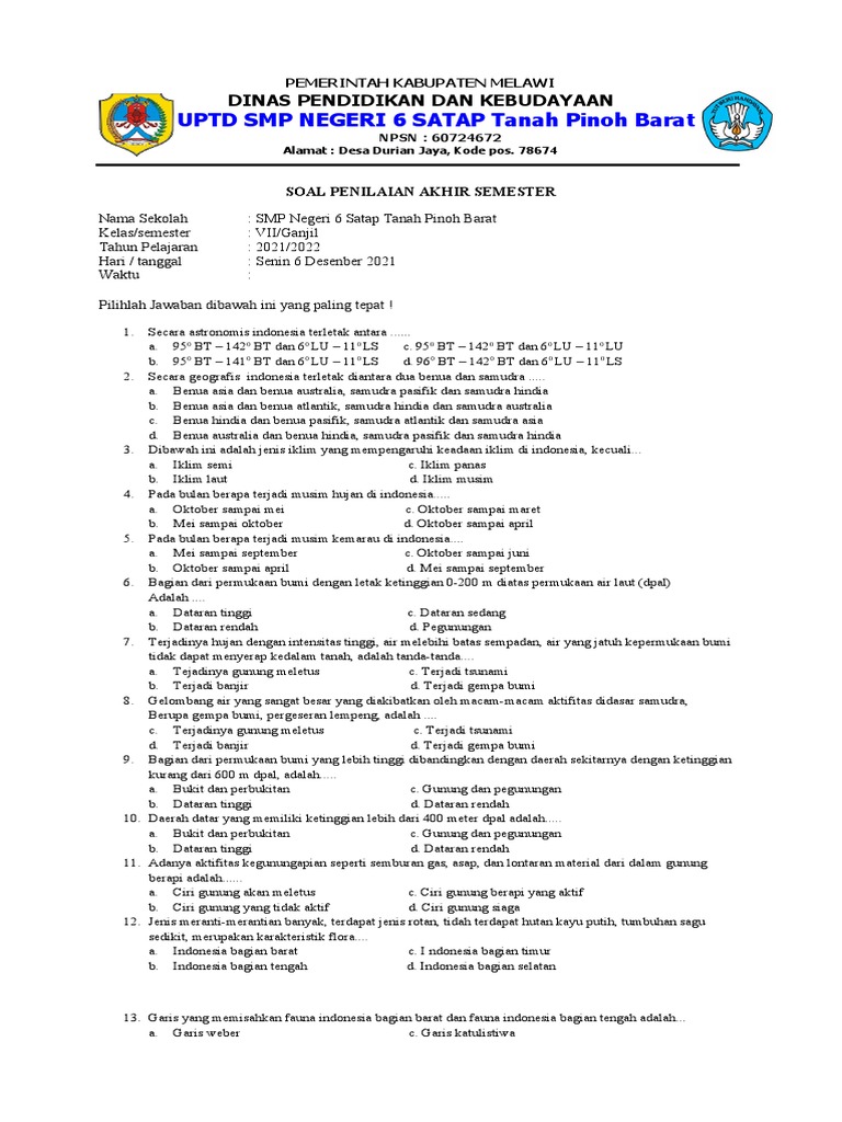 Soal Pas Ips Kelas 7 SMTR 1 | PDF