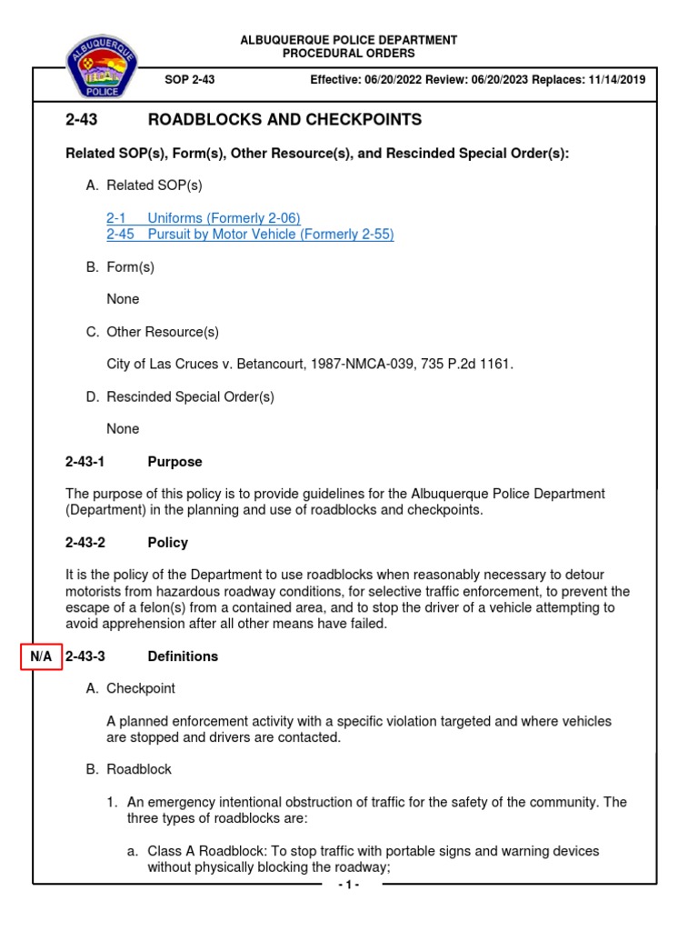 2-43 Roadblocks and Checkpoints: Related SOP(s), Form(s), Other ...