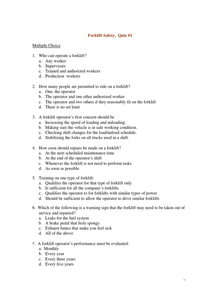 Forklift Safety Quiz | PDF | Forklift | Truck