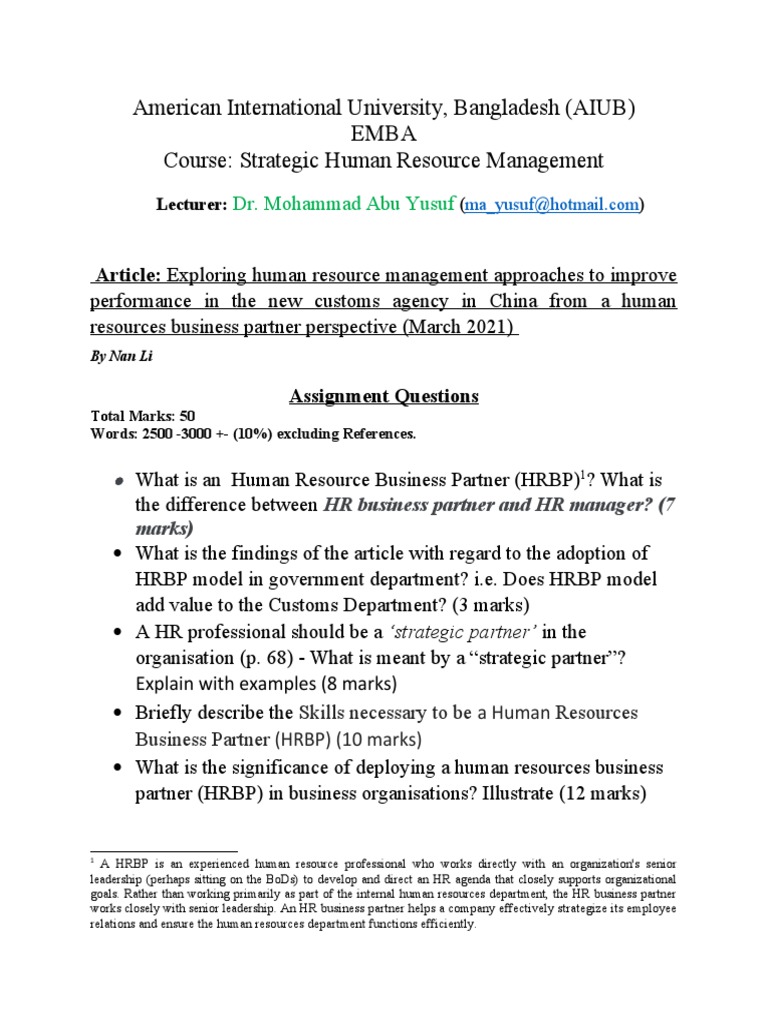 American International University, Bangladesh (AIUB) Emba Course: Strategic Human Resource ...