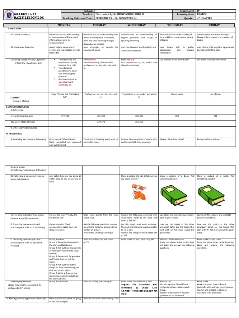 GRADES 1 To 12 Daily Lesson Log Monday Tuesday Wednesday Thursday ...