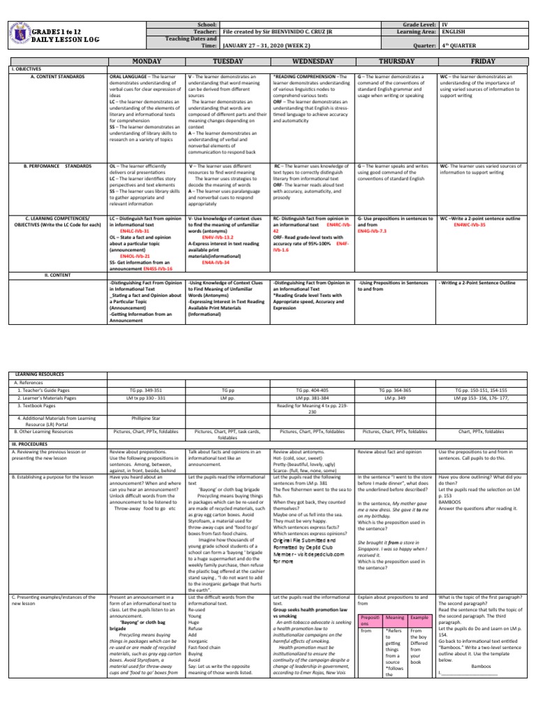 DLL - English 4 - Q4 - W2 | PDF | Reading Comprehension | Learning