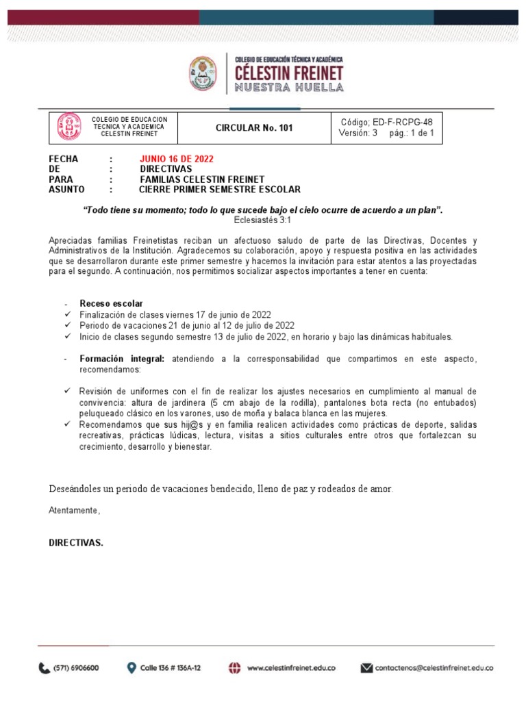 Circular 101 Salida Receso Escolar | PDF