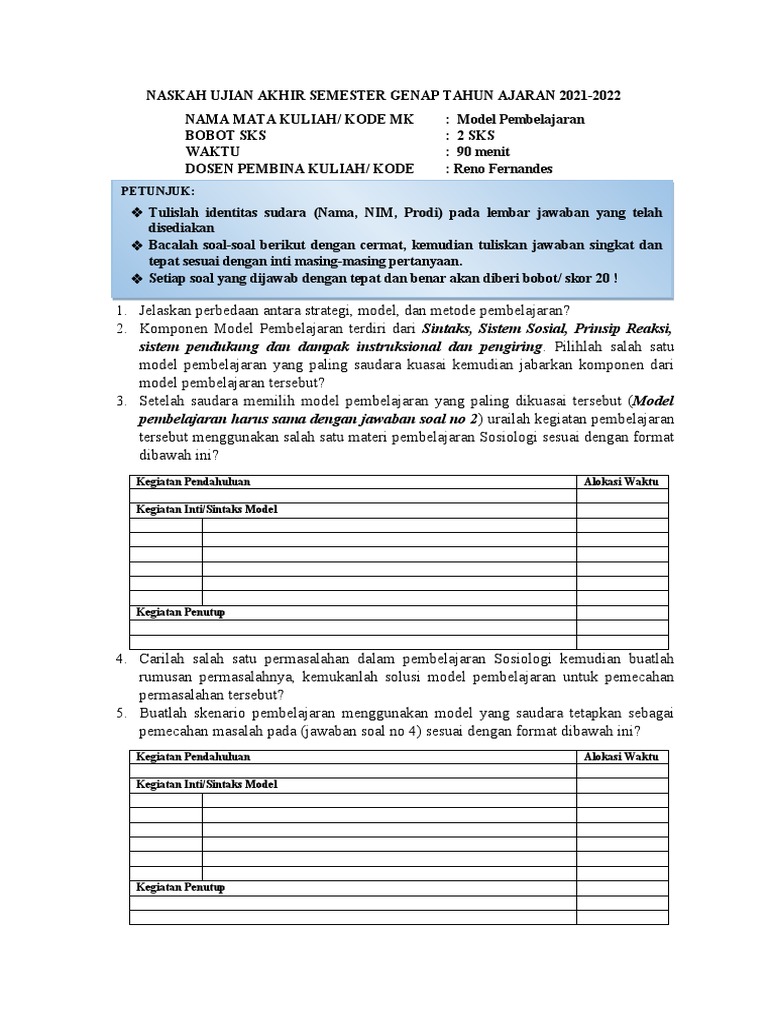 Soal Uas Model Pembelajaran | PDF