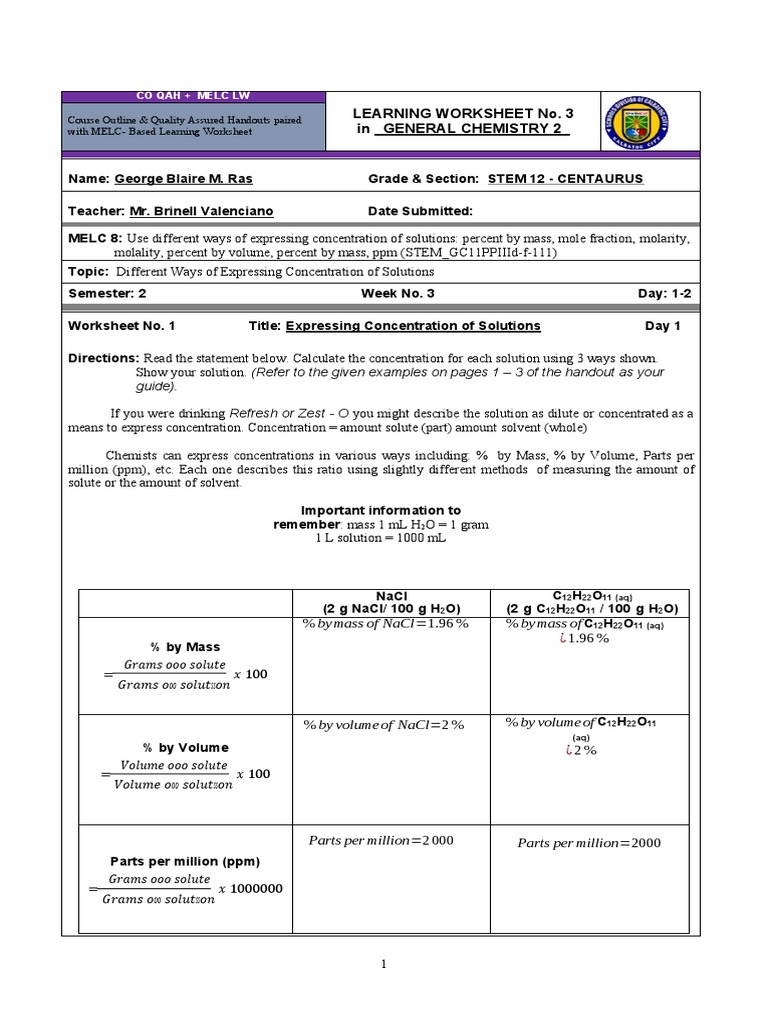 George Blaire Ras - WEEK 3 Worksheet | PDF | Concentration | Chemistry