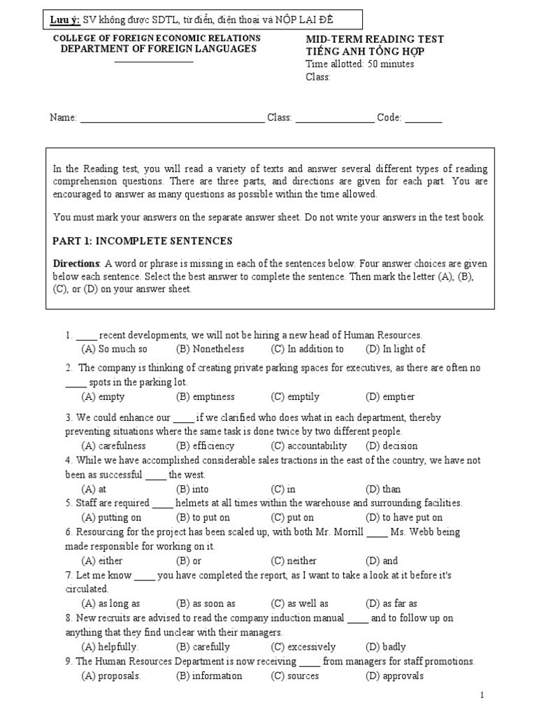 Đề Kiểm Tra Reading Writing | PDF | Test (Assessment)