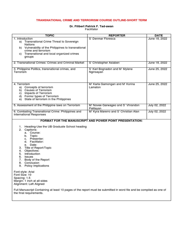 TRANSNATIONAL CRIME AND TERRORISM COURSE OUTLINE Final | PDF