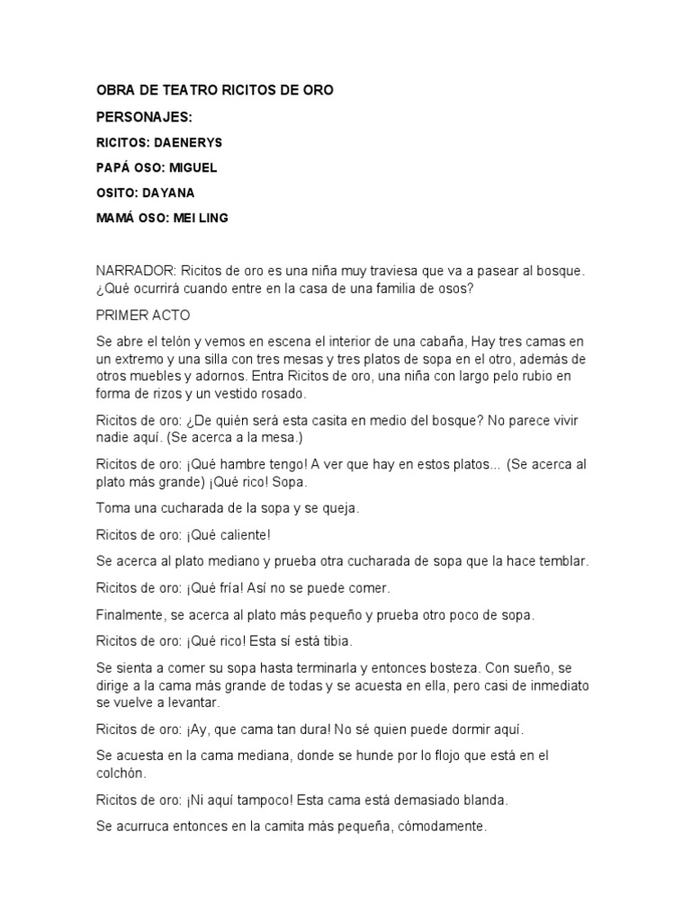 Obra de Teatro Ricitos de Oro | PDF | Ricitos de oro y los tres osos | Osos