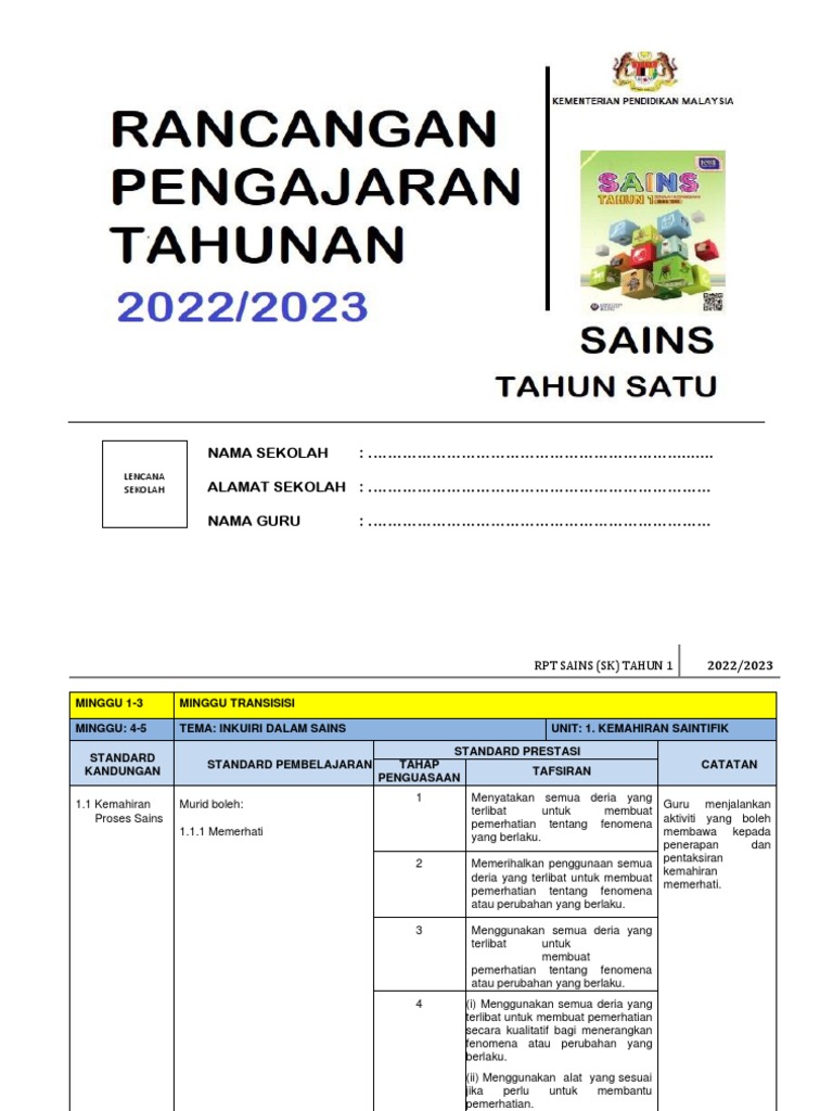 RPT Sains Tahun 1 | PDF