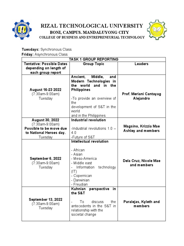 RIZAL TECHNOLOGICAL UNIVERSITY Science Technology Society Report Schedules Revised | PDF | Science